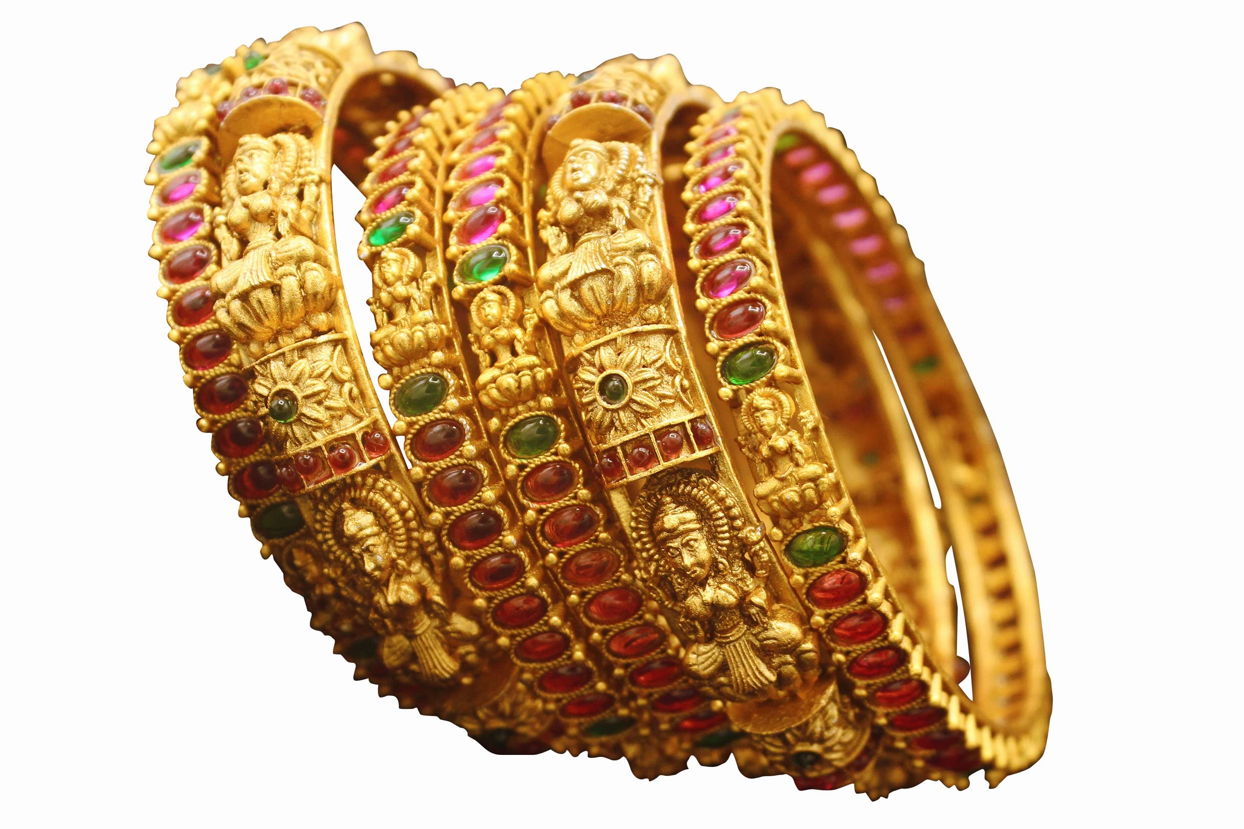 Fourthline Women's Gold Plated Bangles With Dimond Cut Colored Stones And Antique Lakshmi (Set ...