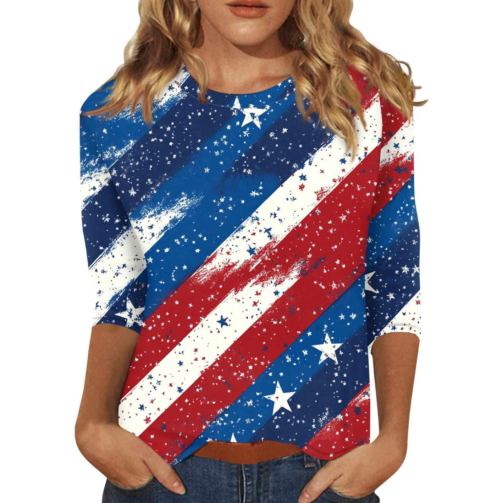 Usa Flag Shirts for Women Floral Print 3/4 Sleeve Blouses Stripe Crew ...