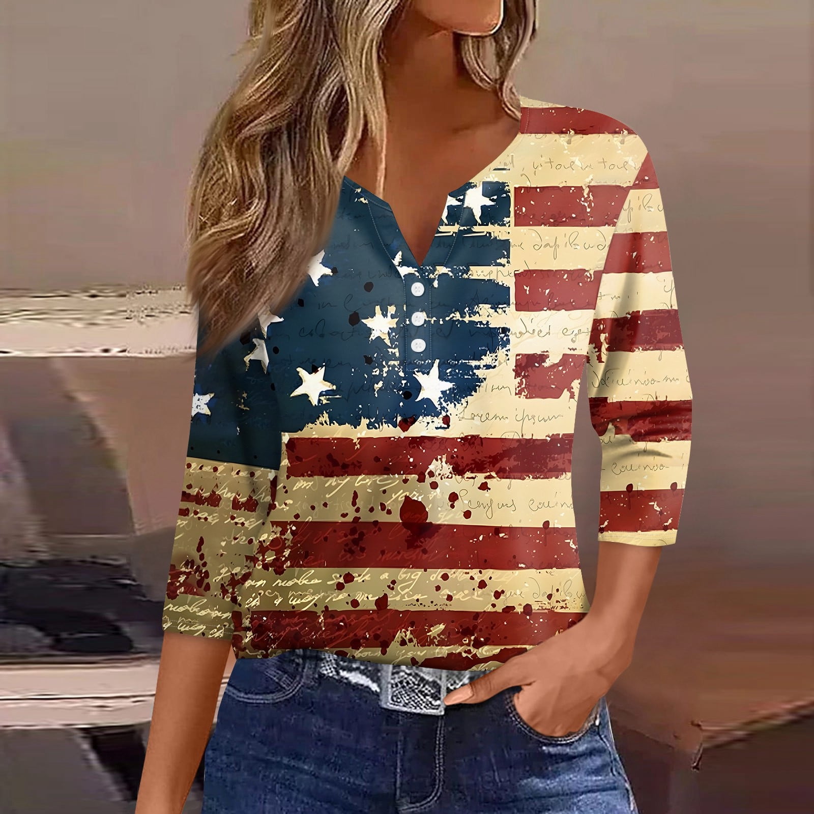 Fouth Of July Shirts for Women Stripe 3/4 Sleeve Tops Sunflower Print ...