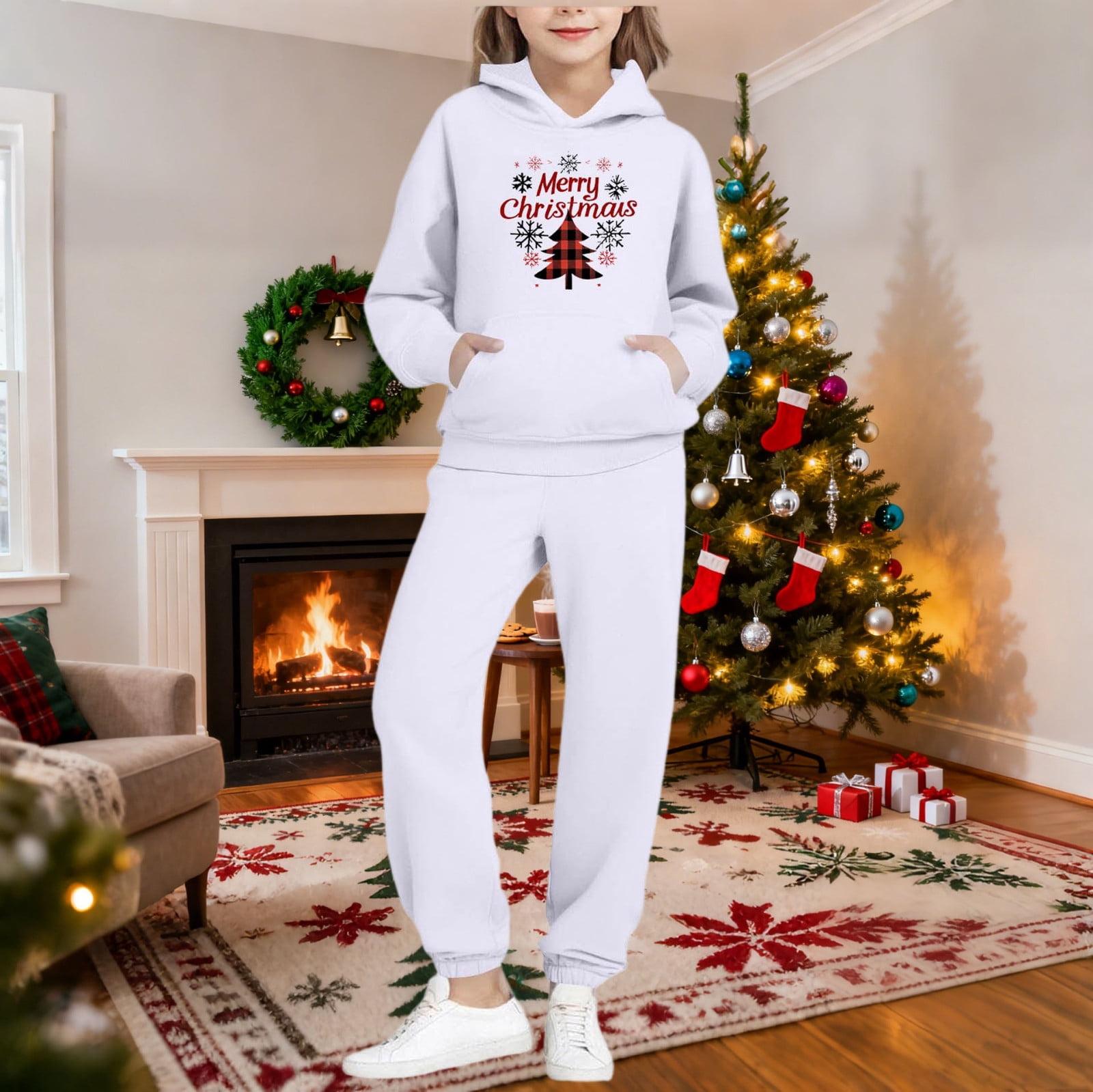 Fovaffer 2PC Boys Girls Christmas Printed Hoodie & Sweatpants Two-piece ...
