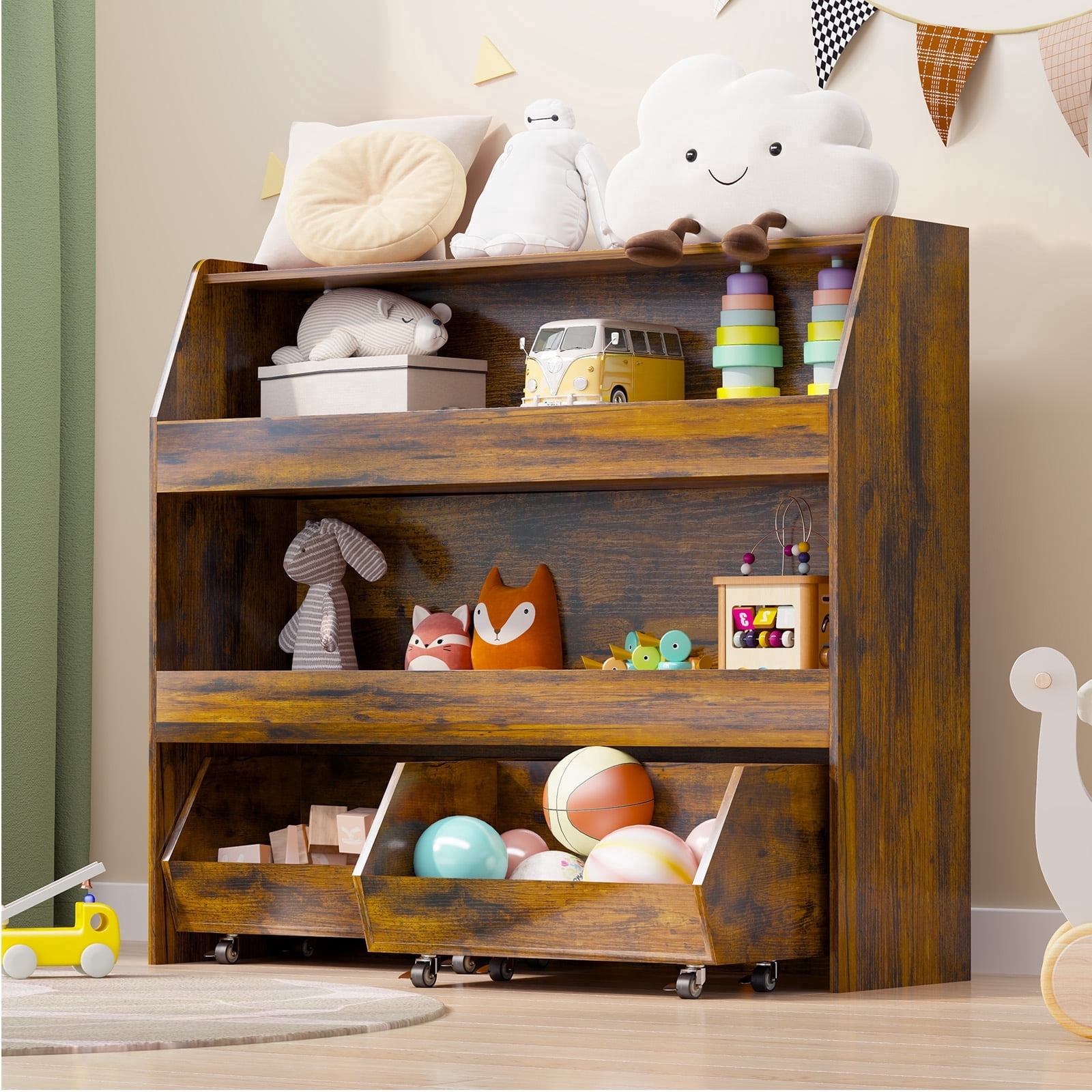 Fowroa 3-Tier Portable Toy Storage, Wooden Kids Organizer Unit with 2 ...