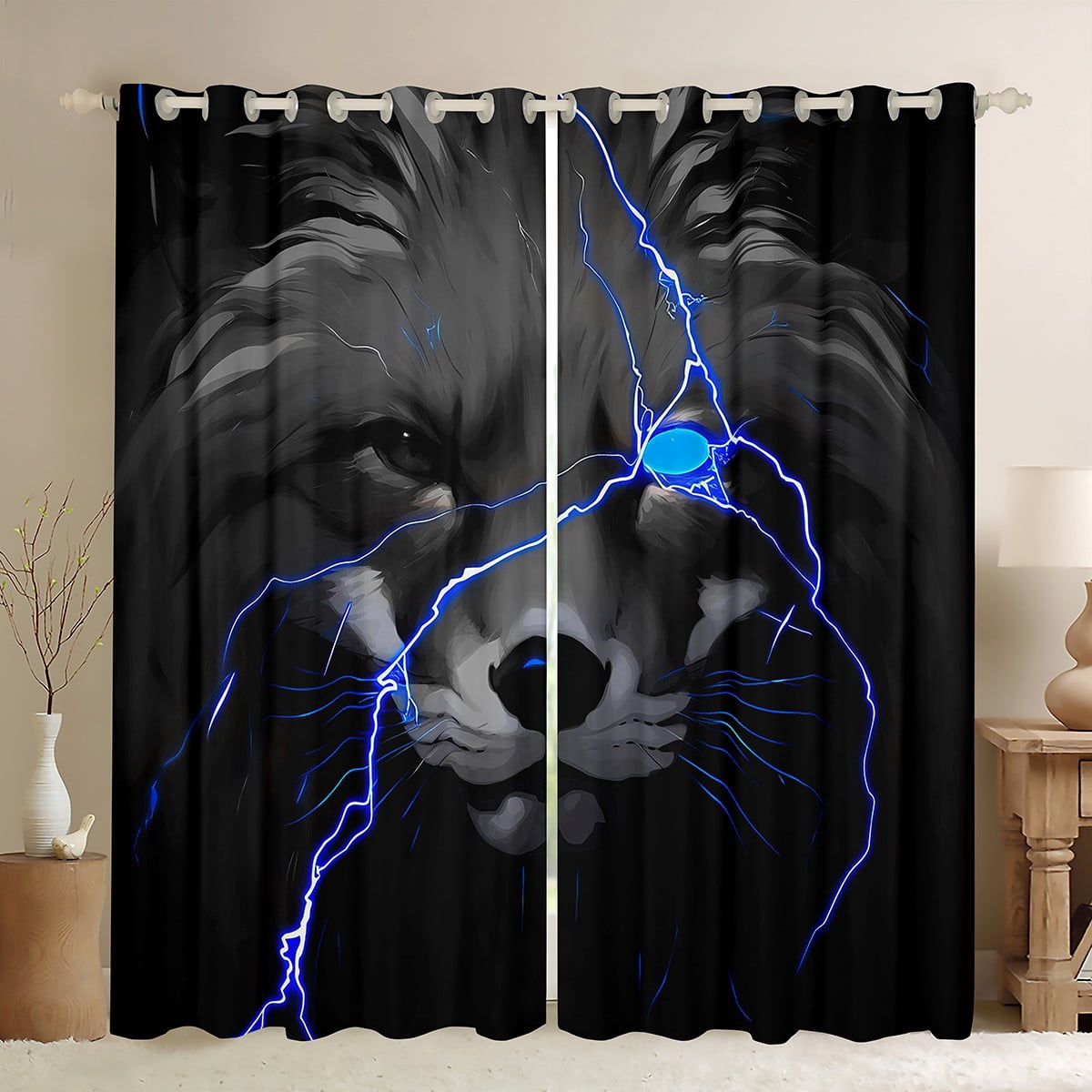 Fox 30%-50% Blackout Curtains 52"Wx84"L Black Blue Lightning Fox Window ...