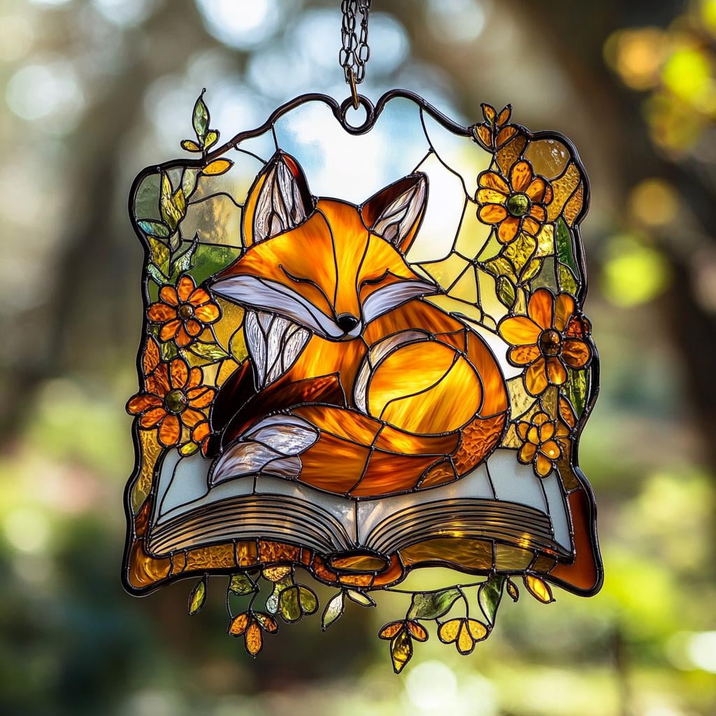 Fox Acrylic Suncatcher Faux Stained Glass Window Hanging with Book and ...