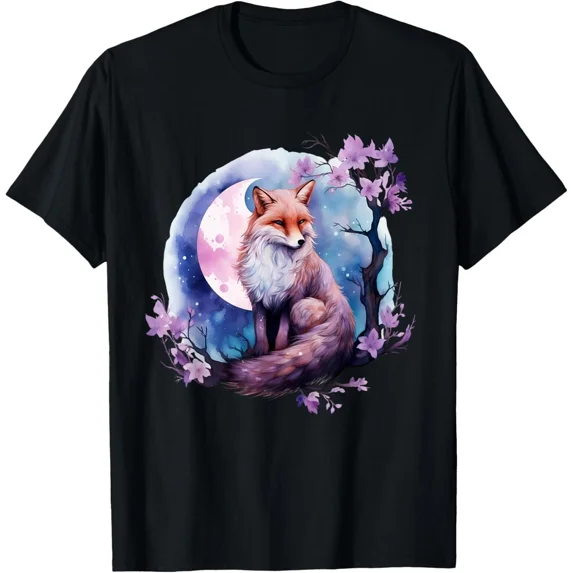 Fox And Moon Floral Wildlife Artwork Nature Inspired Design Unisex T ...