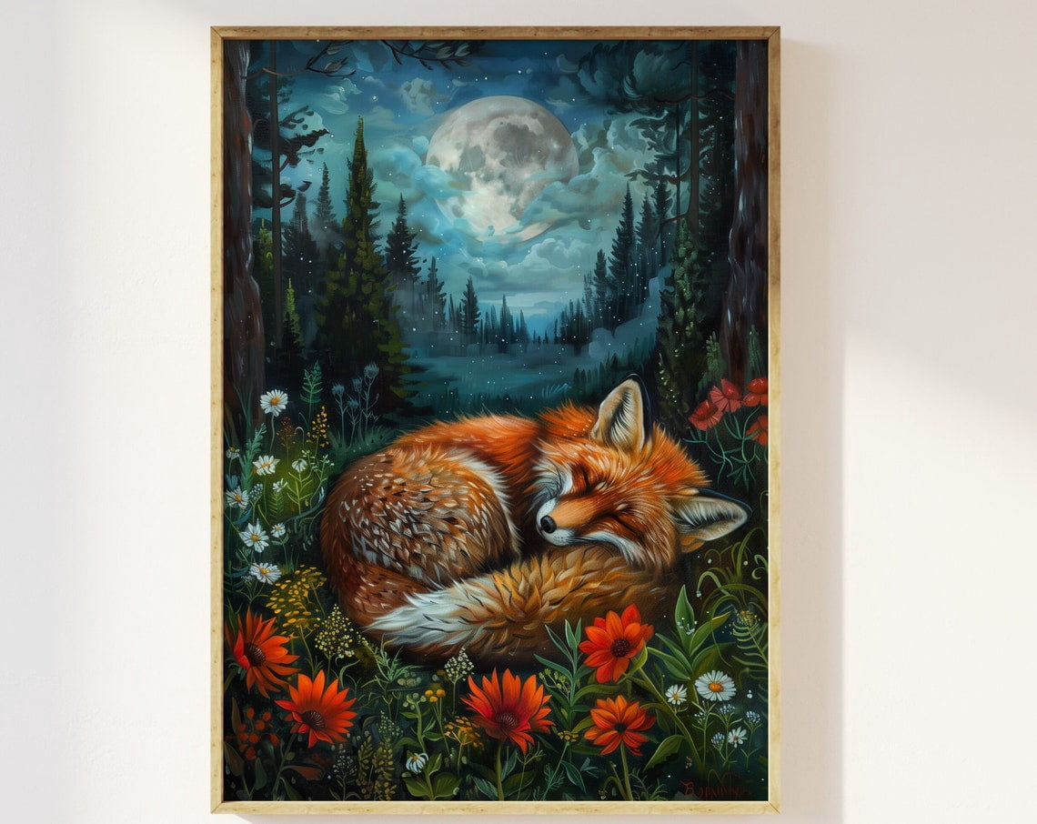 Fox Asleep Under The Full Moon Art Print Celestial Woodland Art, Moon ...