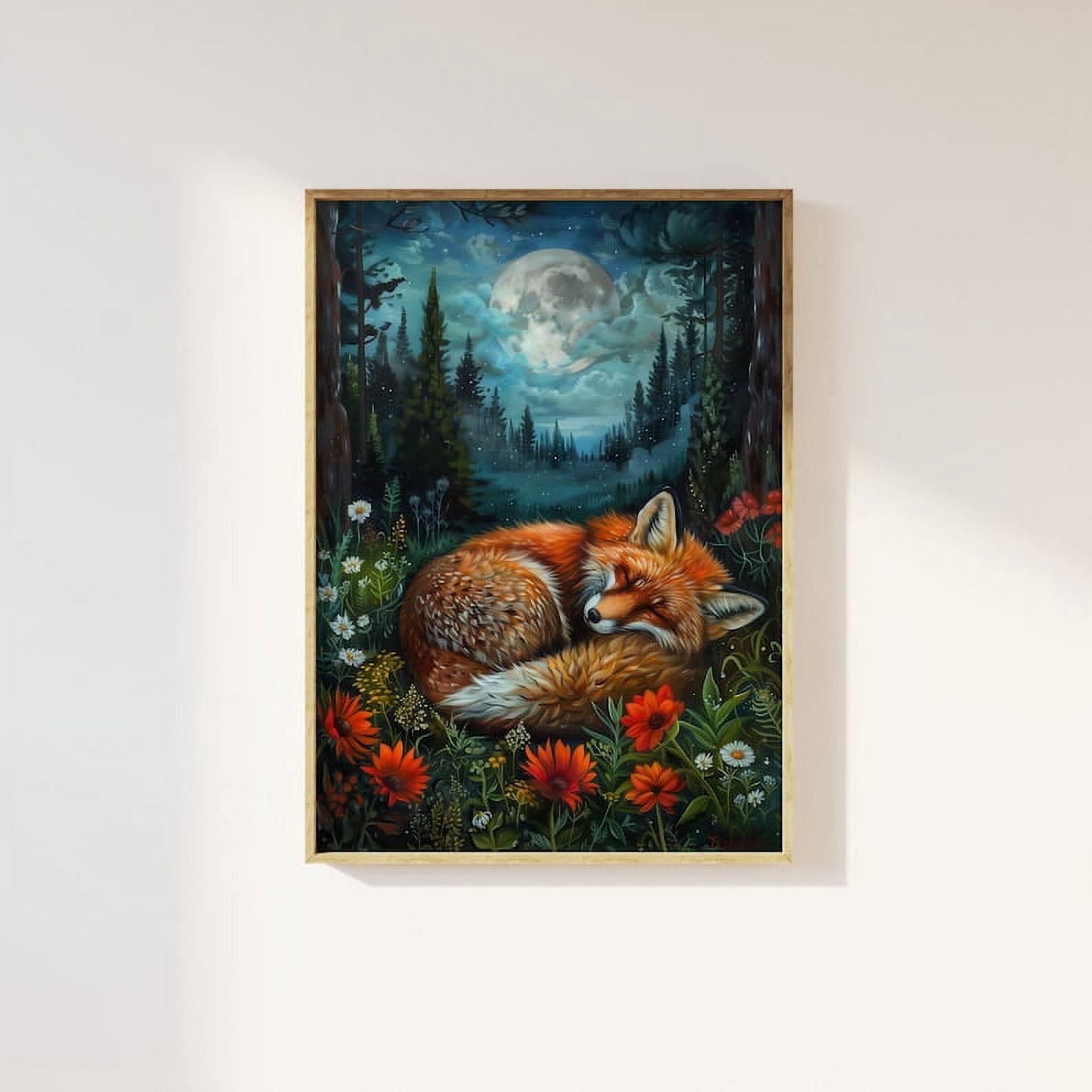 Fox Asleep Under Full Moon Art - Celestial Woodland Wildflowers ...