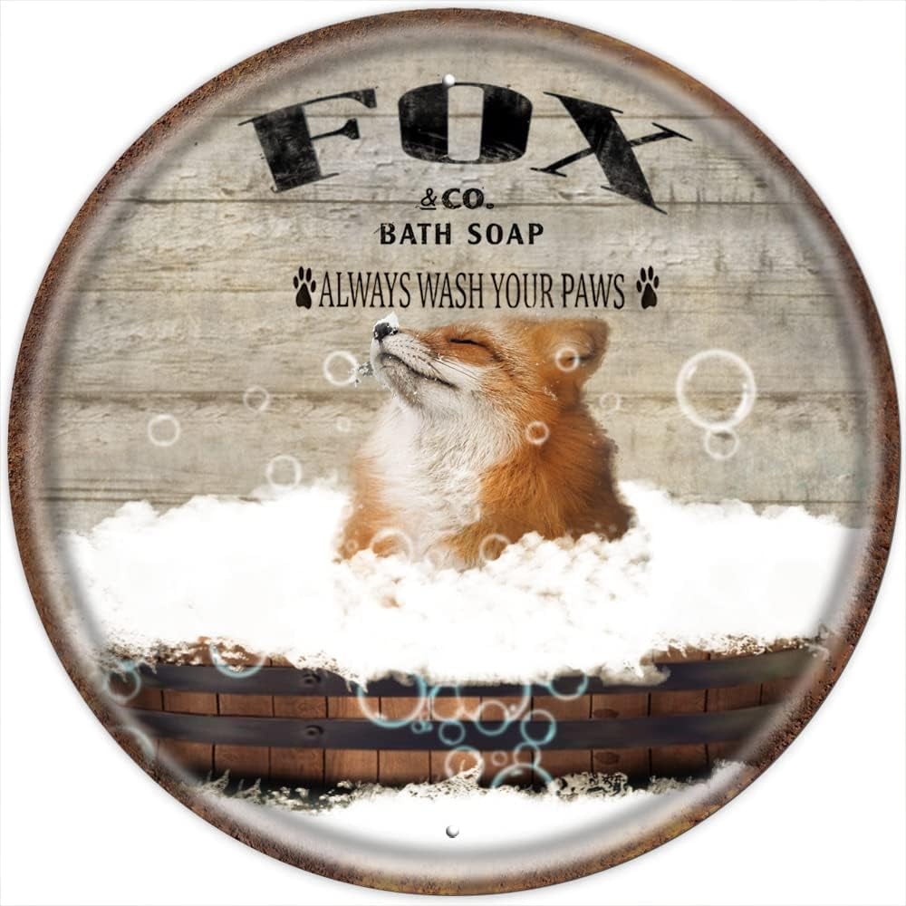 Fox Bath Soap Wash Your Paws Vintage Round Metal Tin Sign, Fox Print ...