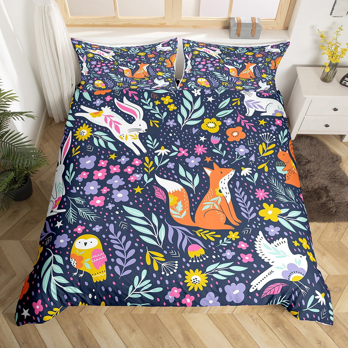 Fox Bedding Set Cute Rabbit Comforter Cover for Kids Toddler,Woodland ...