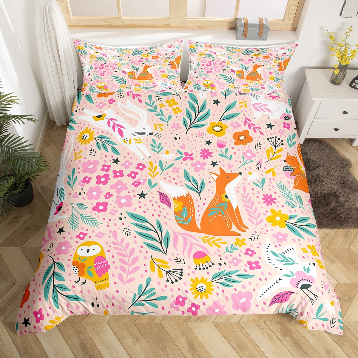 Fox Bedding Set Cute Rabbit Comforter Cover for Kids Toddler,Woodland ...