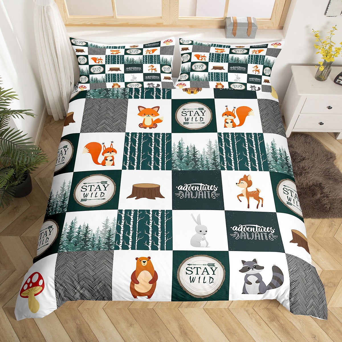 Fox Bedding Set Patchwork Wild Animals Comforter Cover for Kids Toddler ...