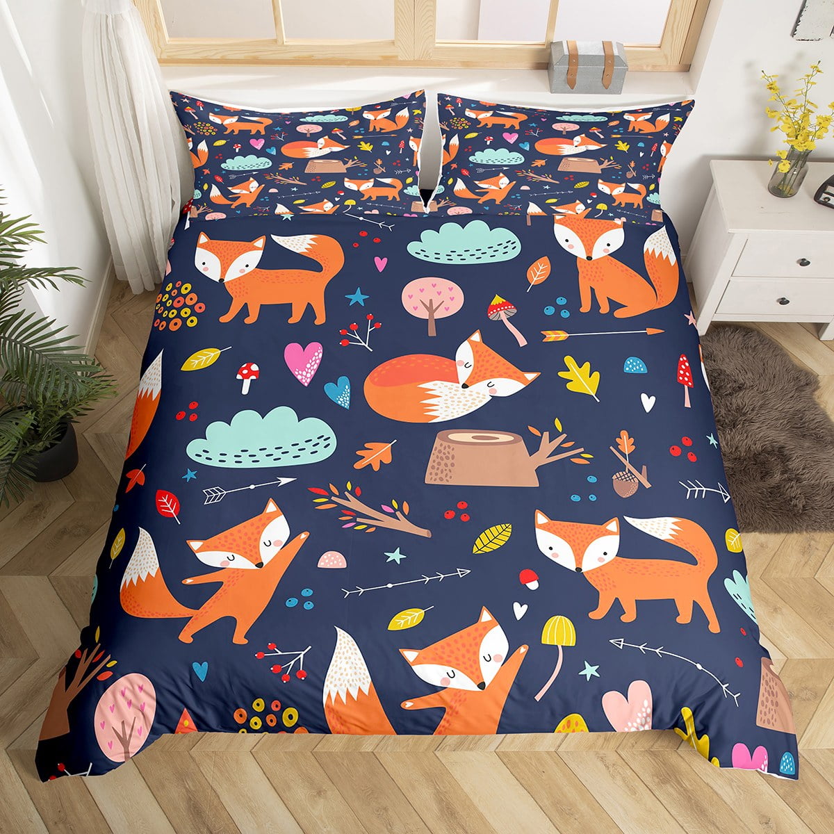 Fox Bedding Set Woodland Animal Comforter Cover for Kids,Cartoon Wild ...