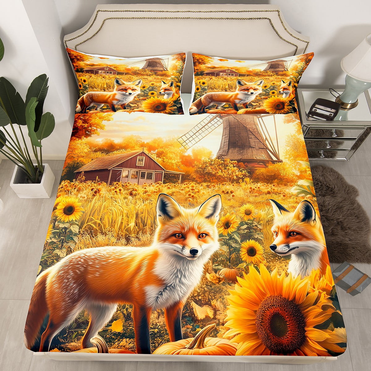 Fox Bedding Set Yellow Sunflower Twin Fitted Sheet Rustic Decor Bed ...