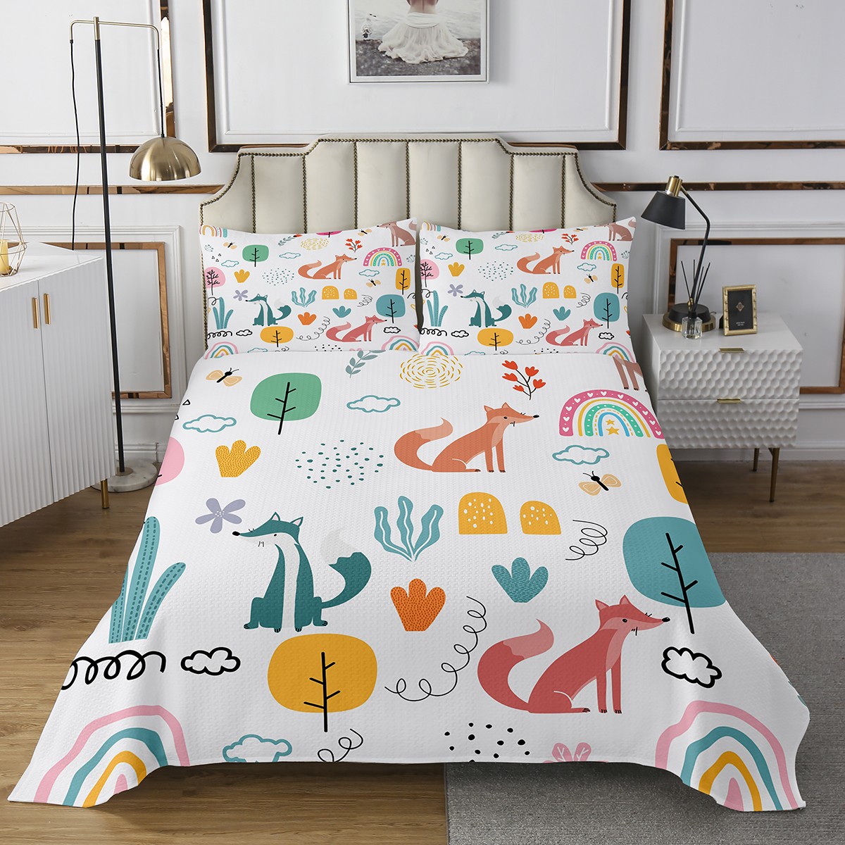 Fox Bedspread Set Cartoon Foxes Animal Coverlet Set 2 Piece Teenager ...