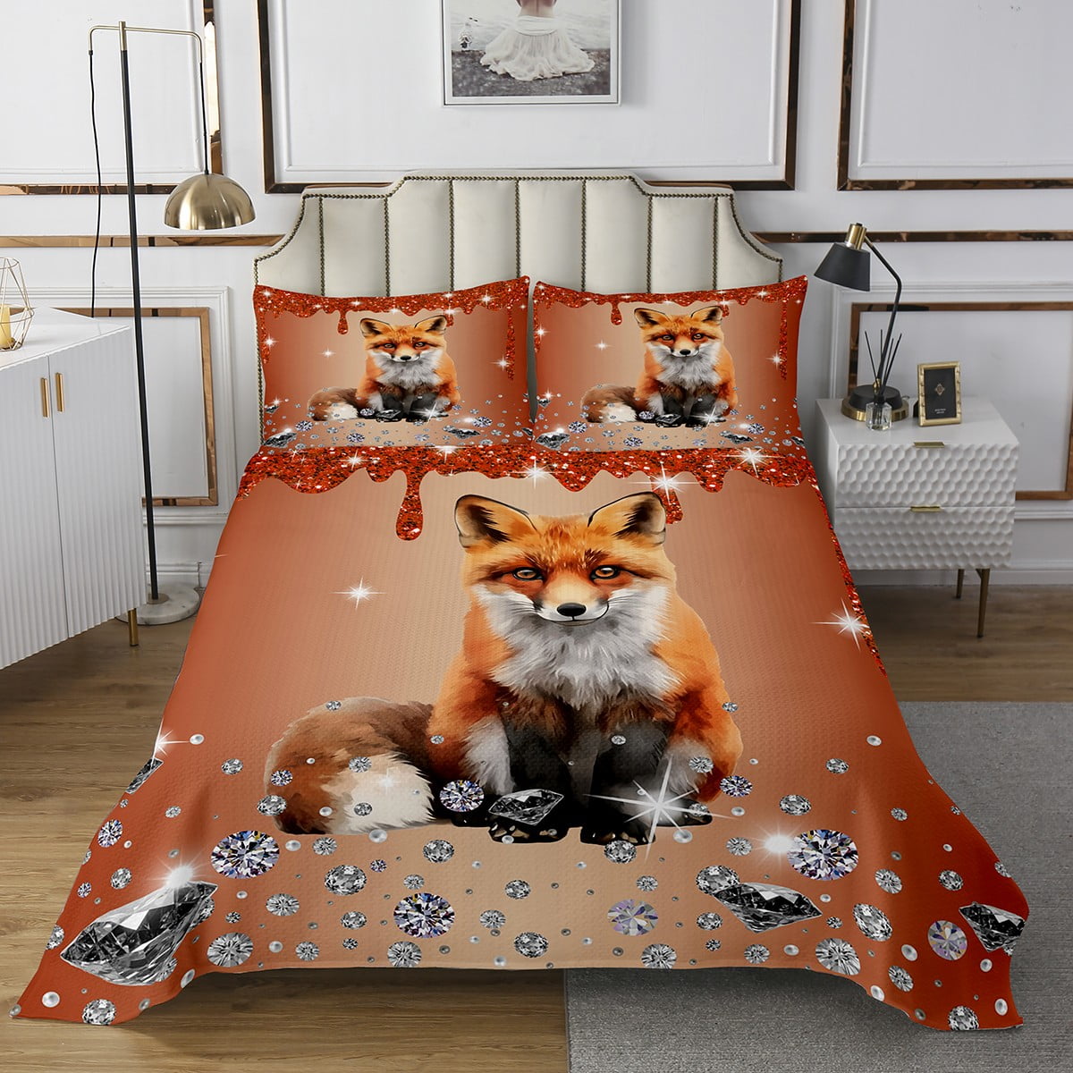 Fox Bedspread Set Red Sequin Fluid Art Coverlet Set,Crystal Diamond ...