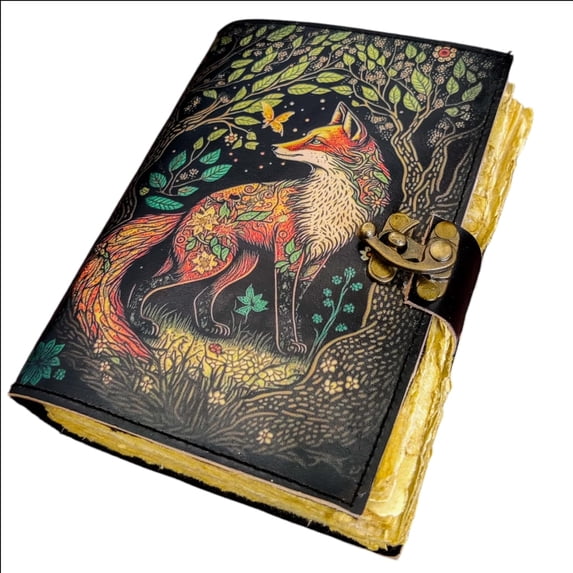 Fox Blank Spell Book of Shadows Leather Journal with Lock Clasp Diary ...