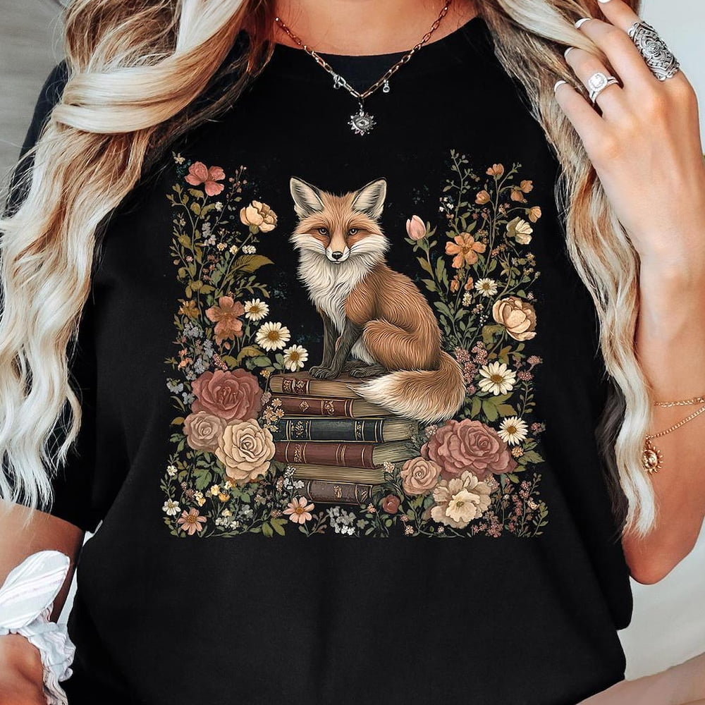 Fox And Book Shirt, Cute Flower Fox Shirt, Vintage Floral Cottagecore ...