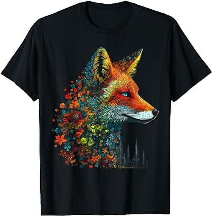 Fox Colourful Flowers - Blue Eyes Animal Art Fox Black oversized loose ...
