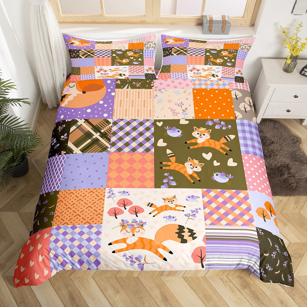 Fox Comforter Cover Cartoon Animal Patchwork Duvet Cover for Kids ...