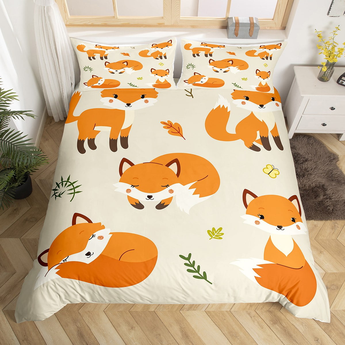 Fox Comforter Cover King Size, Cartoon Animal Print Bedding Set Floral ...
