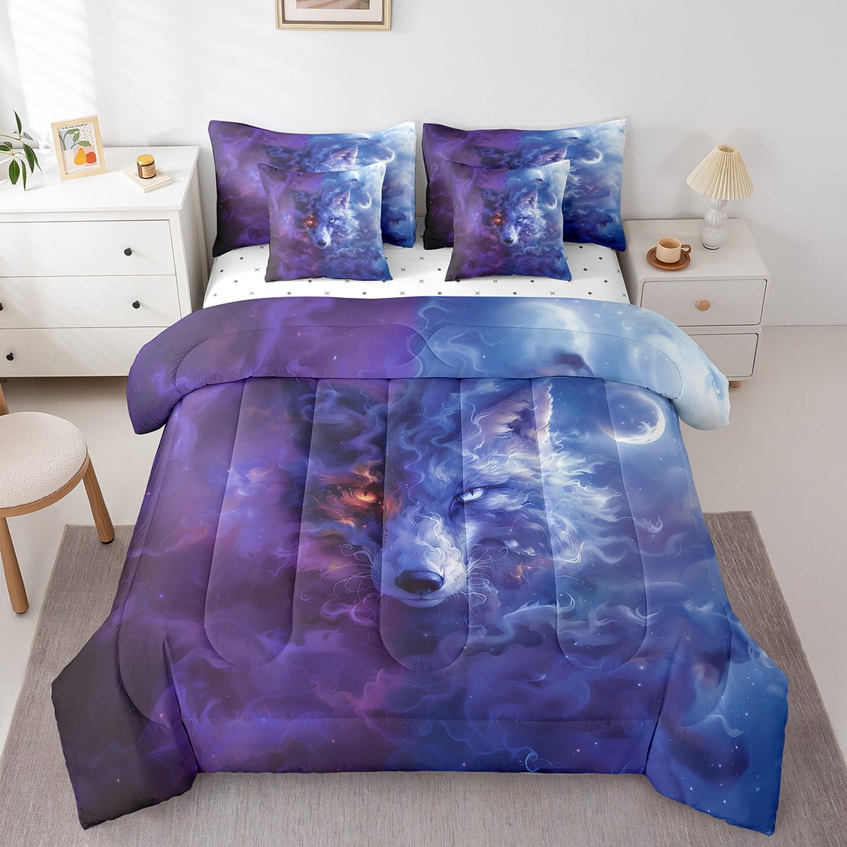 Fox Comforter Set 7 Piece Bed in a Bag Twin Blue Purple Fog Bedding ...