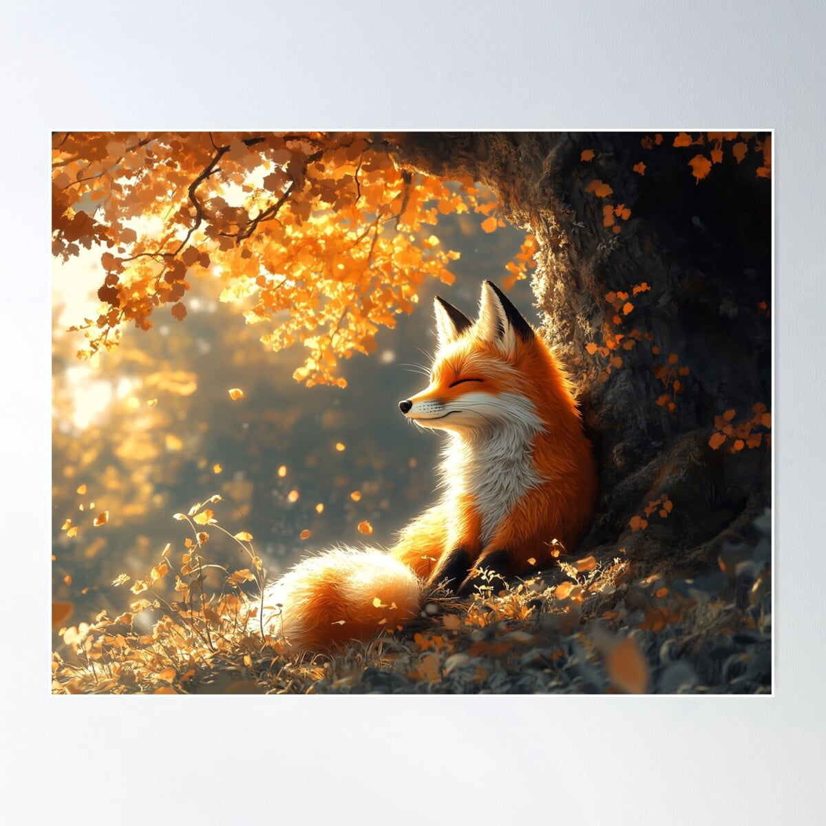 Fox Curled Up Under A Large Oak Tree Poster Wall Art, Modern Wall Decor ...