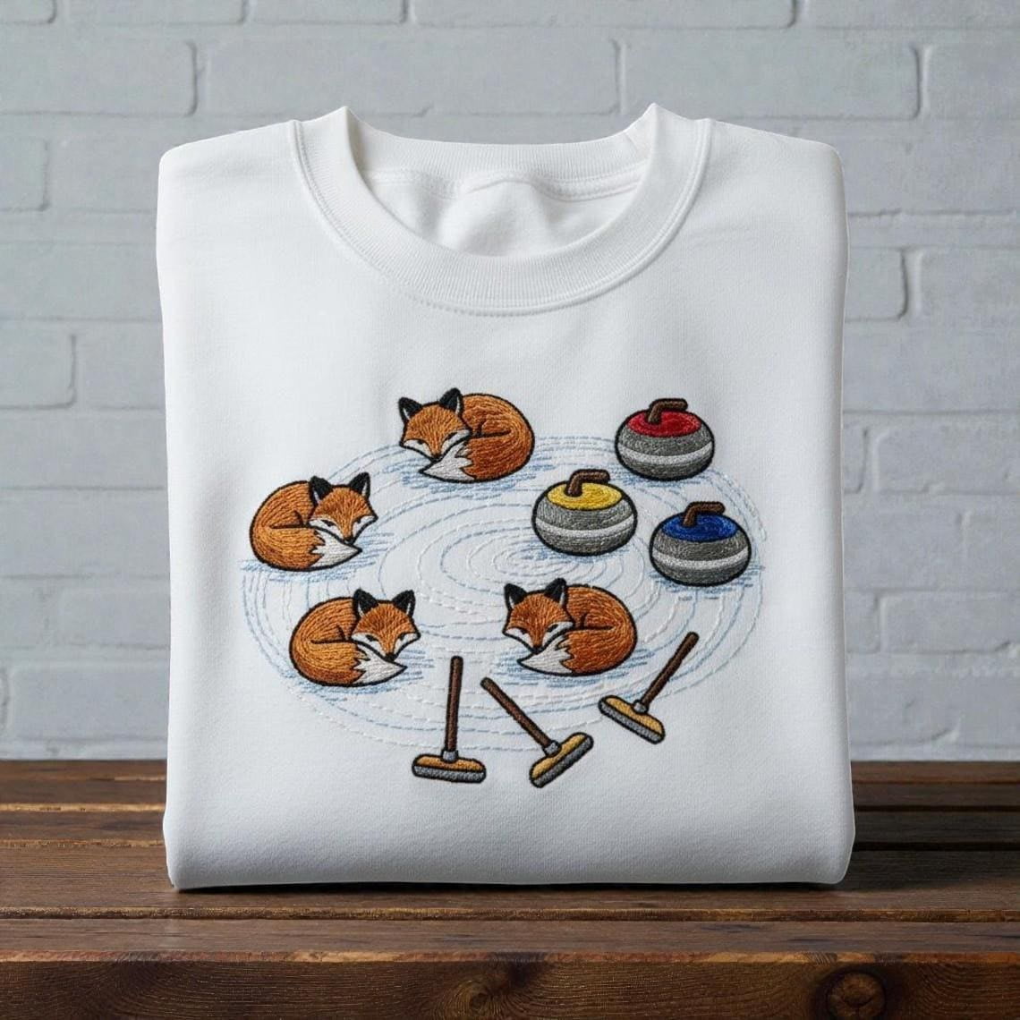 Fox Curling Embroidery Sweatshirt, Cute Fox Lover Winter Gift, Curling ...