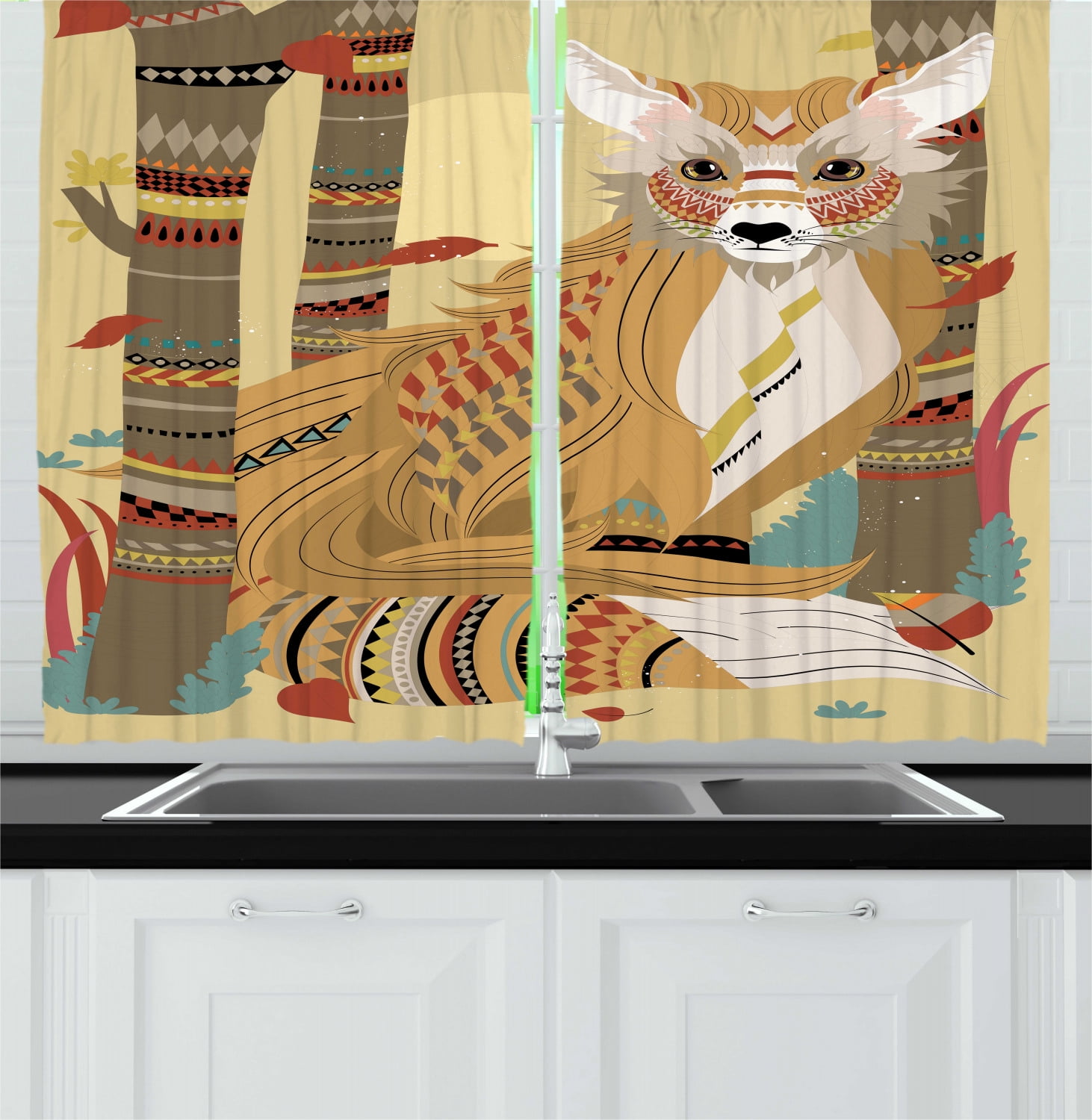 Fox Curtains 2 Panels Set, Animal Theme a Fluffy Wild Fox in the Forest ...