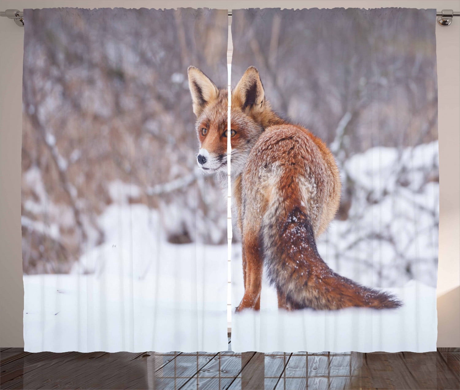 Ambesonne Fox Curtains 2 Panel Set, Snowy Country Furry Animal, 108" x ...