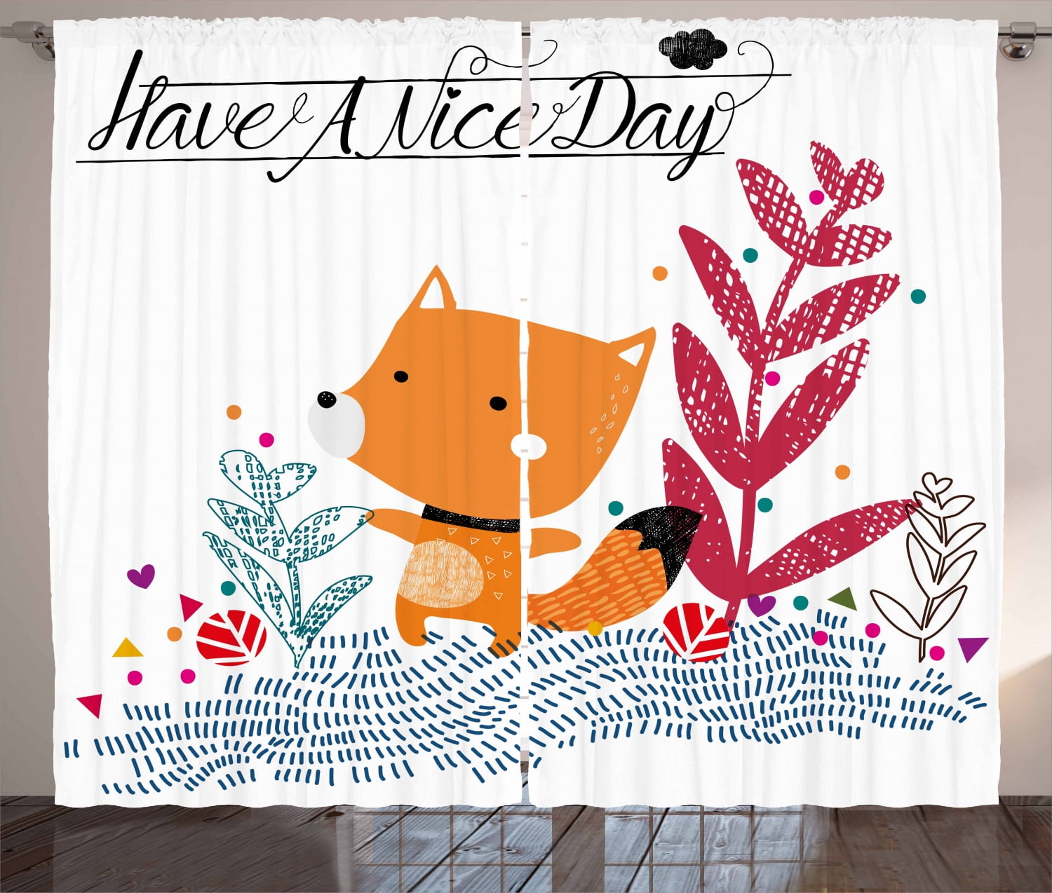 Fox Curtains 2 Panels Set, Cute Little Fox Character Colorful Geometric ...