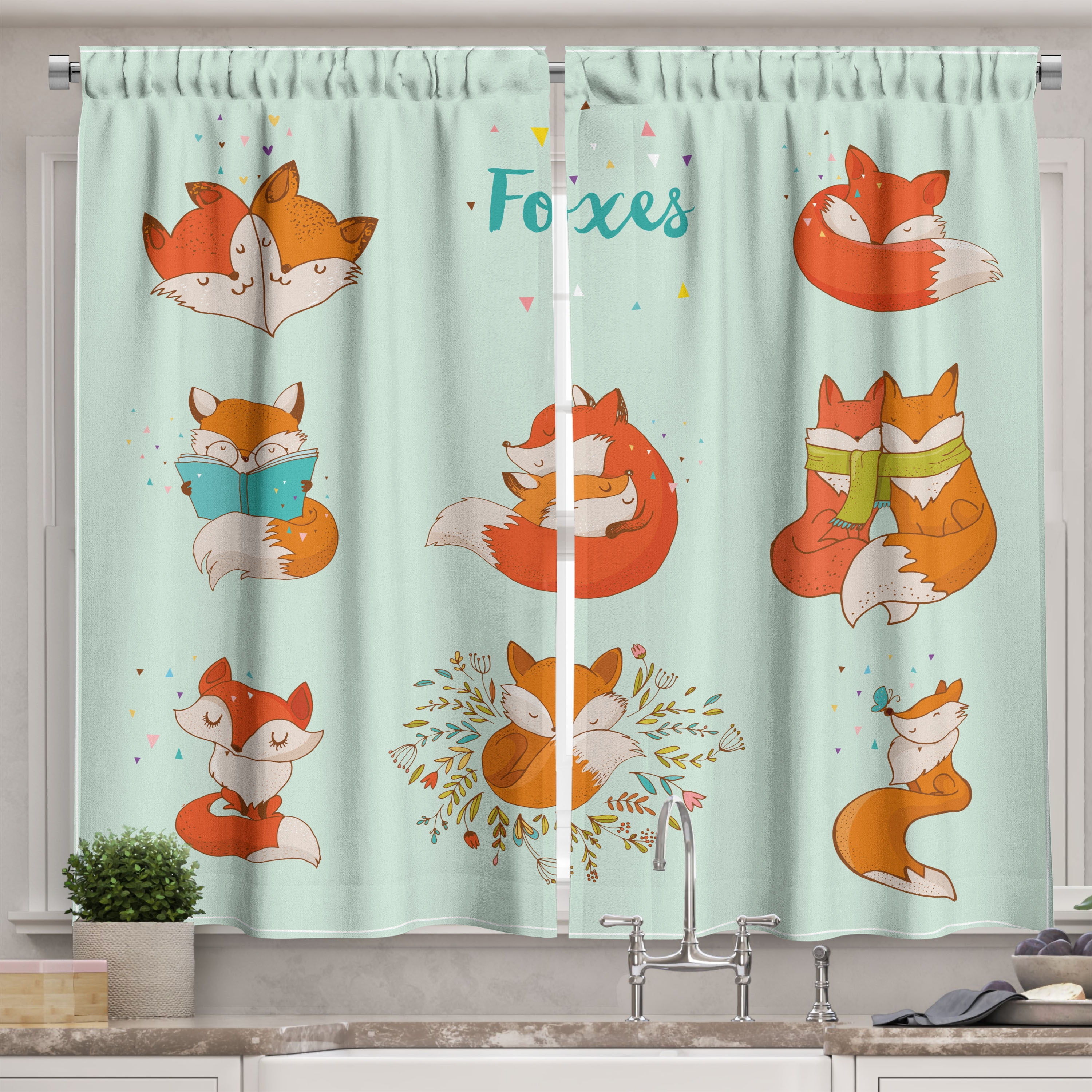 Fox Curtains 2 Panels Set, Lovely Fox Characters Sleeping Reading ...