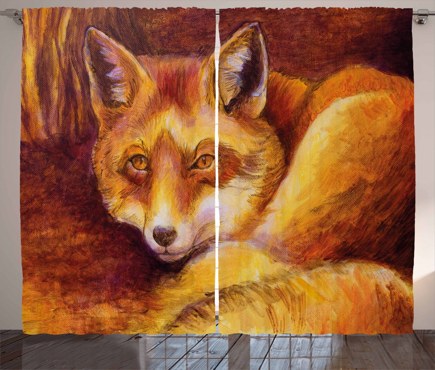 Ambesonne Fox Curtains 2 Panel Set, Vibrant Art Fox Resting, 108" x 90 ...