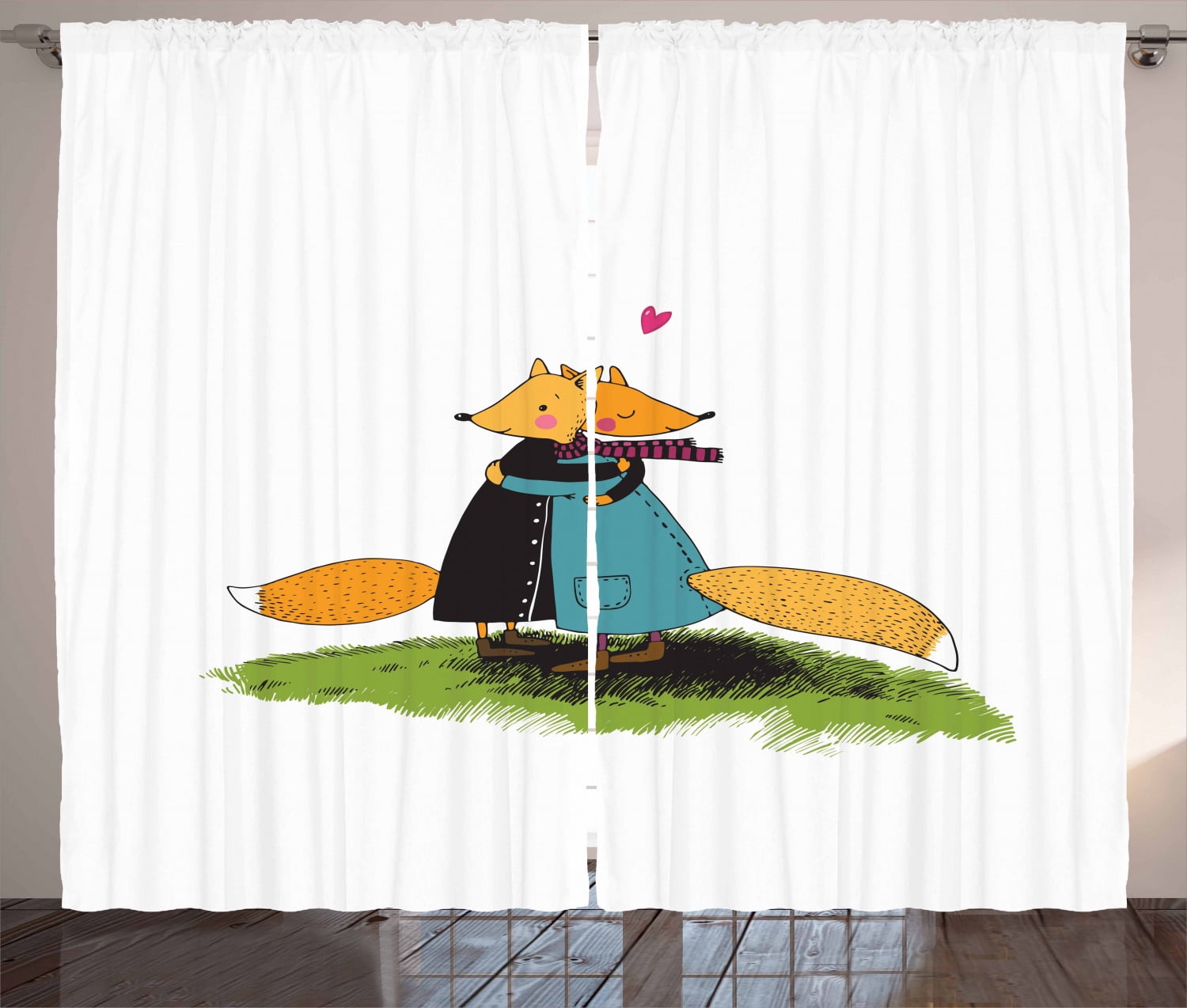 Ambesonne Fox Curtains 2 Panel Set, Romantic Animals Hugging, 108" x 90 ...