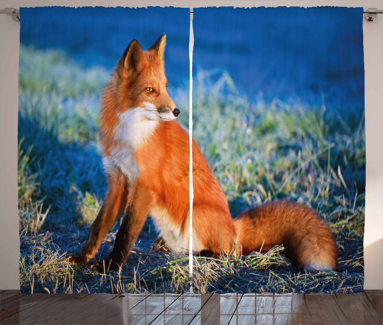 Ambesonne Fox Curtains 2 Panel Set, Serene Cold Autumn Field, 108" x 90 ...