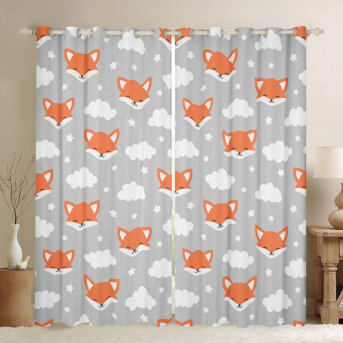 Fox Curtains & Drapes,Lovely Fox Cartoon Woodland Animals Gray Blackout ...
