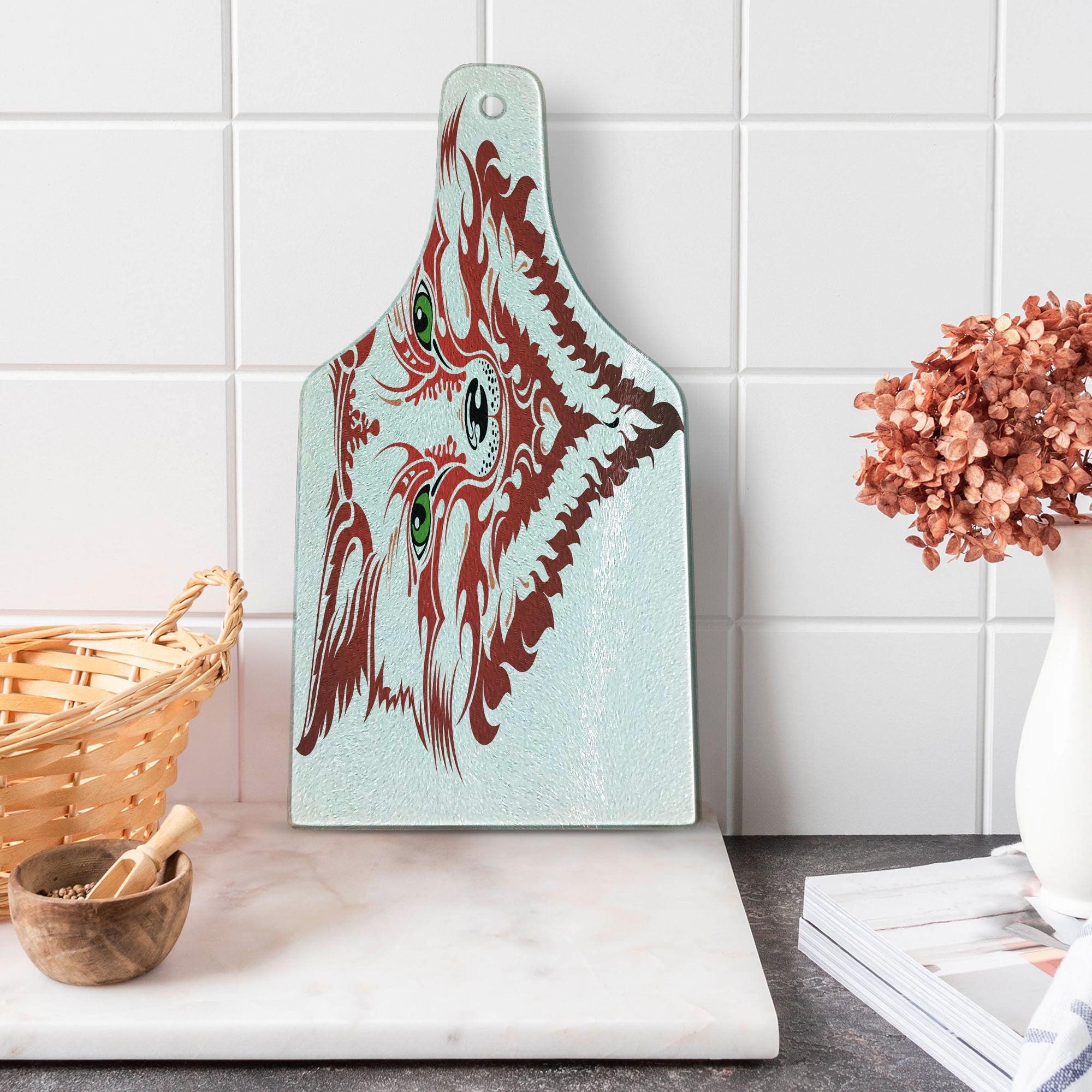 Fox Cutting Board, Patterned Portrait of Fox Sharp Green Eyes Wavy ...