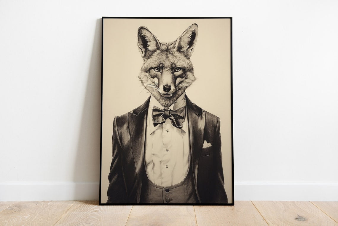Fox In Dapper Suit Print, Fox Portrait Sketch Drawing, Elegant Fox ...
