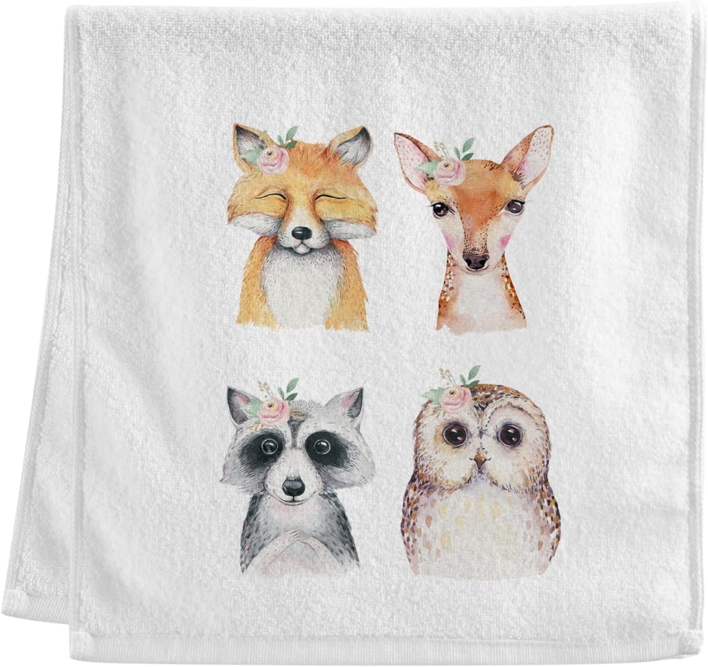 Fox Deer Raccoon Owl Hand Towels White Bath Towels Soft Absorbent 100% ...