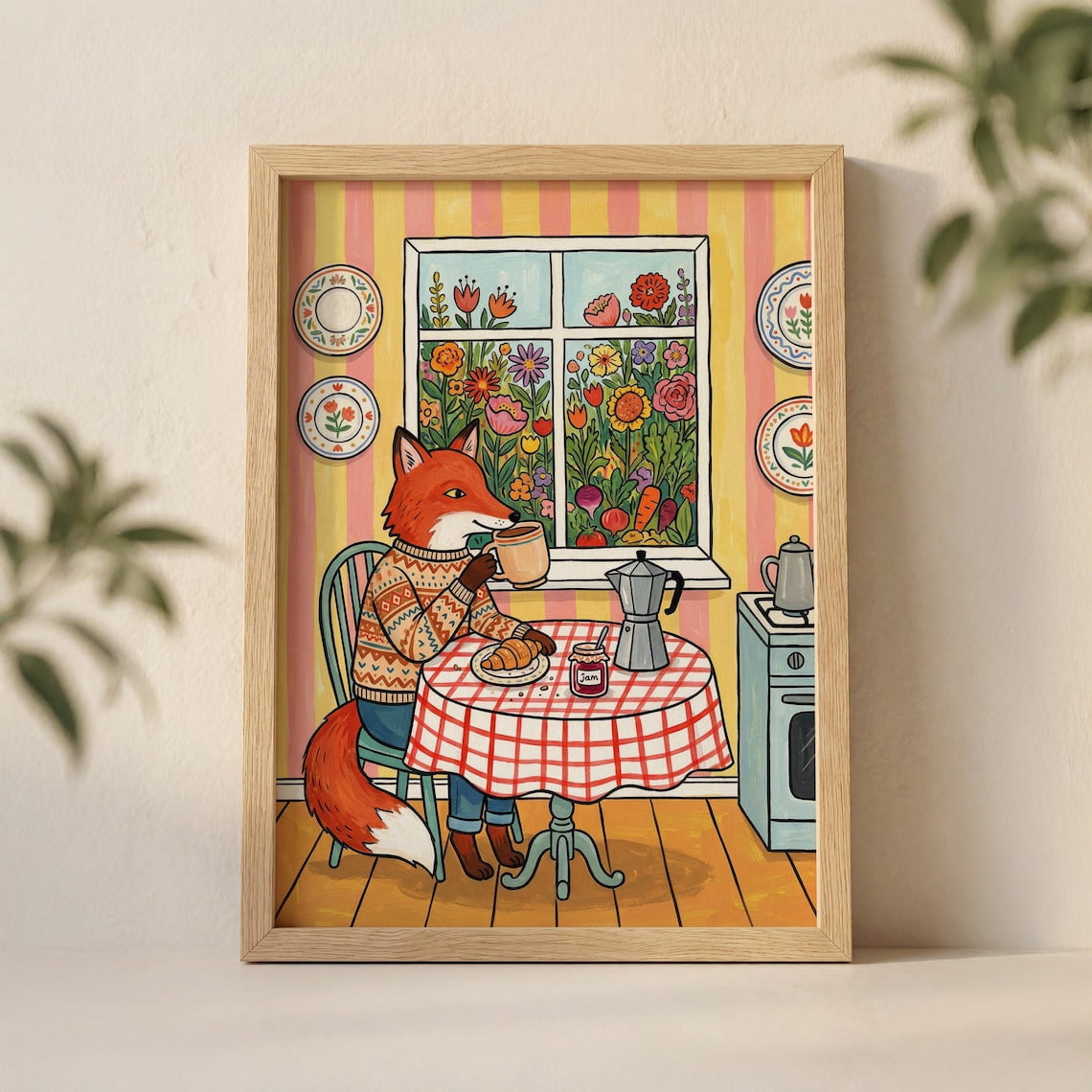 Fox Drinking Coffee Art Colorful Kitchen Illustration, Unframed Canvas ...