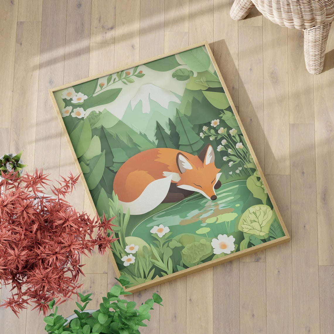 Fox Drinking Water Lake Paper Cut Style Botanical Woodland Green Kids ...