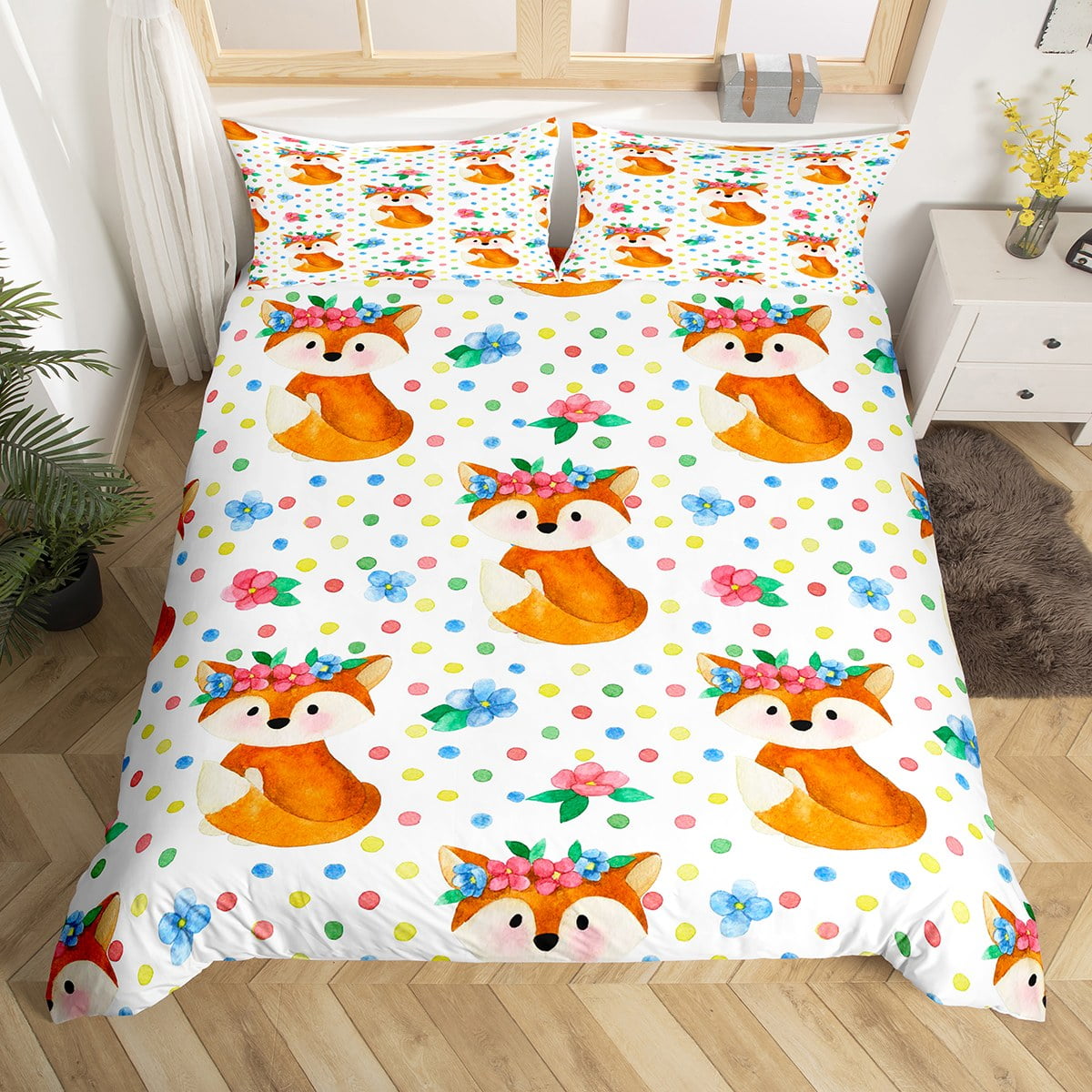 Fox Duvet Cover Colorful Dots Bedding Set for Kids Toddler,Rainbow Dot ...