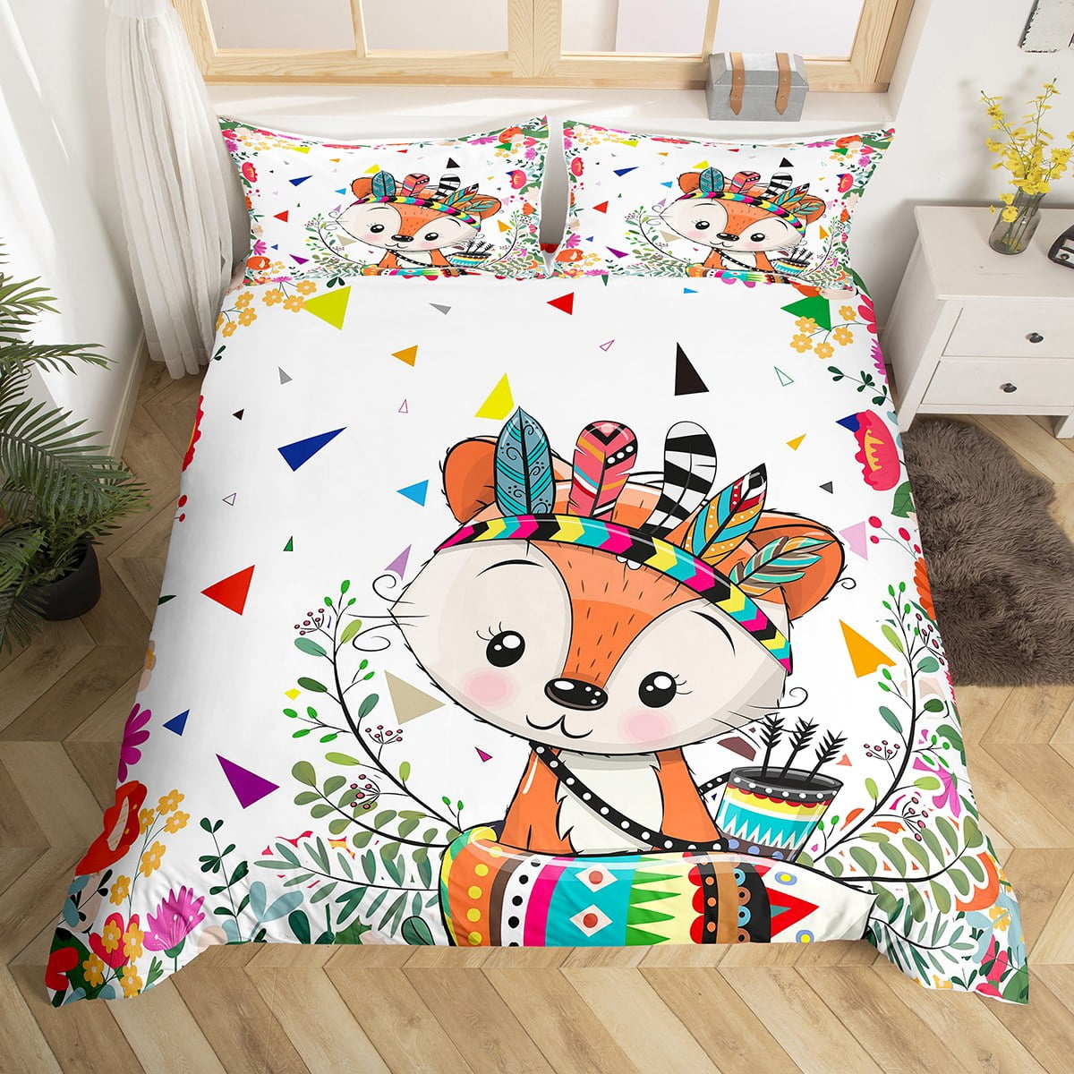 Fox Duvet Cover Kawaii Decor,Hunting Fox Cartoon Woodland Wild Animal ...