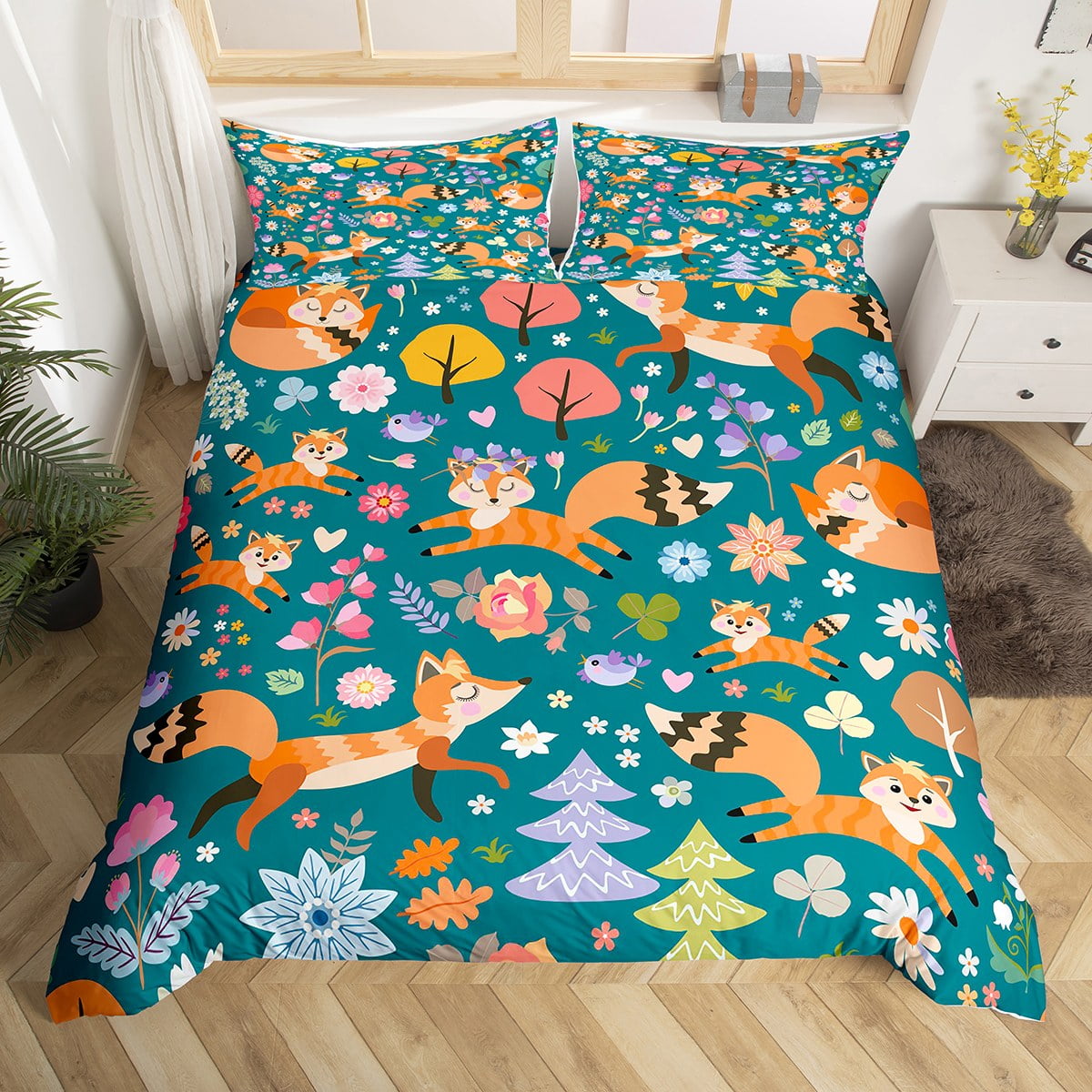 Fox Duvet Cover Rainbow Flowers Bedding Set for Kids Girls,Foxtoon ...