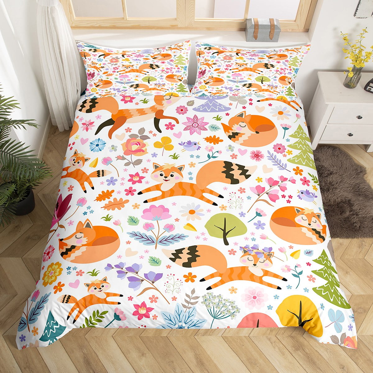 Fox Duvet Cover Rainbow Flowers Bedding Set for Kids Girls,Foxtoon Wild ...