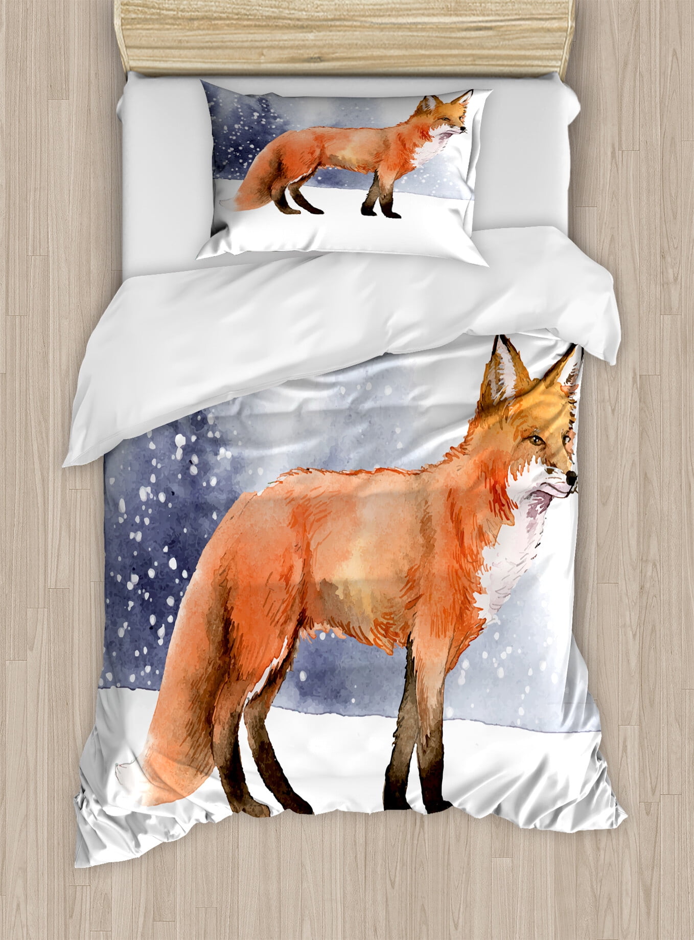 Fox Duvet Cover Set, Animal Side View Painting on Winter Snowing ...