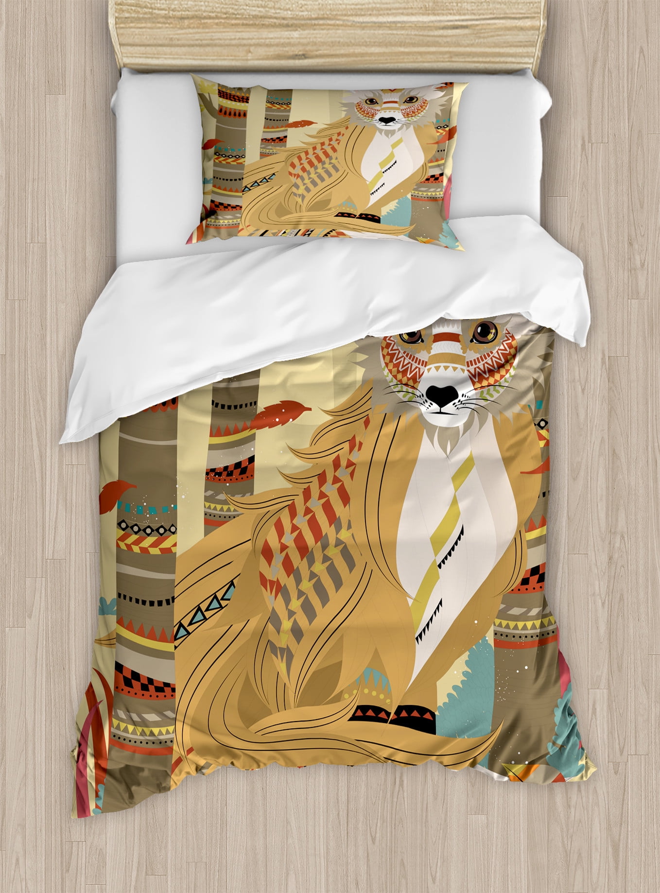 Fox Duvet Cover Set, Animal Theme a Fluffy Wild Fox in the Forest and ...