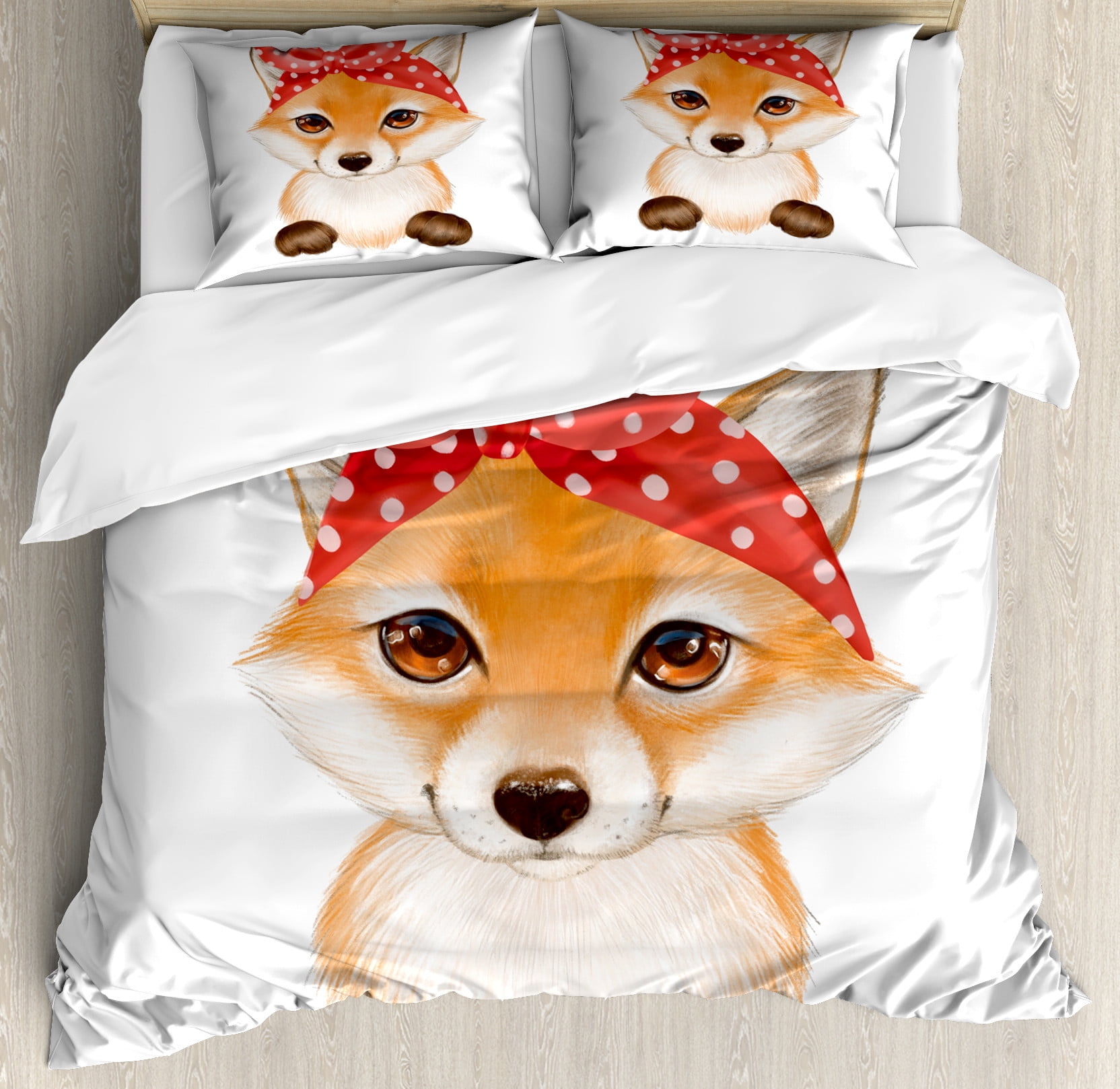 Fox Duvet Cover Set, Drawing of Animal Wearing Polka Dotted Bandana ...