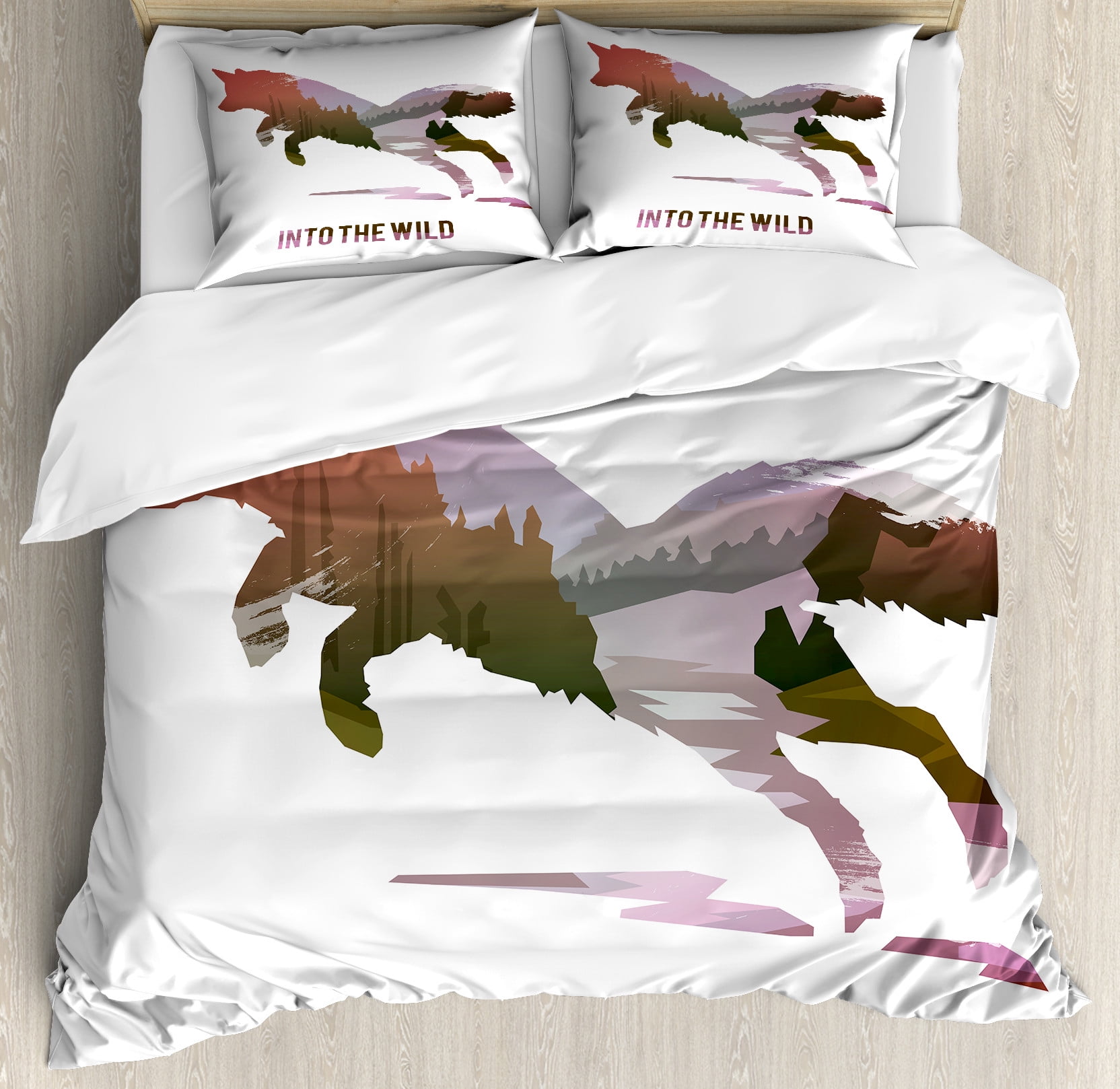Fox Duvet Cover Set, Jumping Fox Silhouette with Woodland Wilderness ...