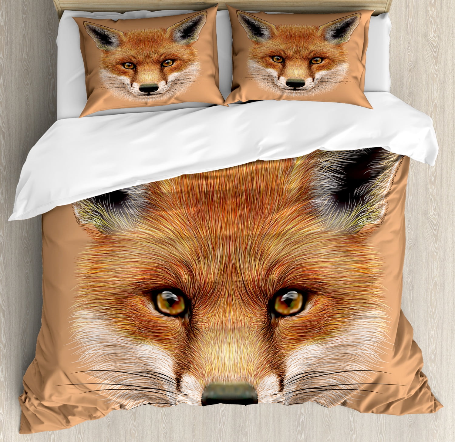 Fox Duvet Cover Set King Size, Cute Fluffy Face of Forest Fox Young ...