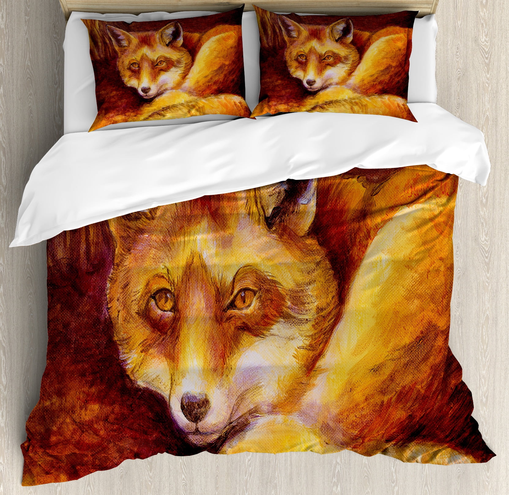 Fox Duvet Cover Set, Monochromatic Fox Resting Painting Style Display ...