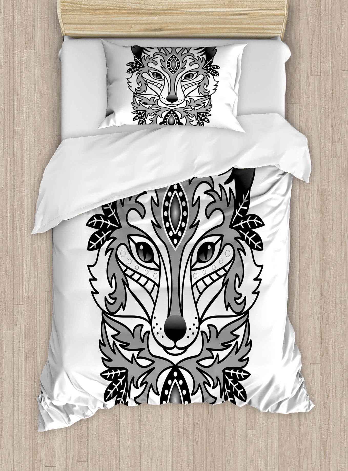 Fox Duvet Cover Set, Ornamental Fox Face with Tree Leaves Oval Shapes ...